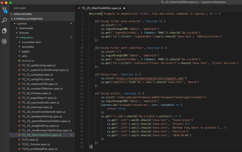 How to use filter(), find() and within() commands in cypress - TestersDock
