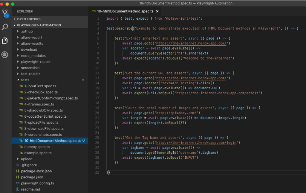How to execute HTML Document Methods in Playwright